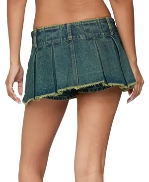 EDIKTED Frayed Pleated Denim Mini Skirt