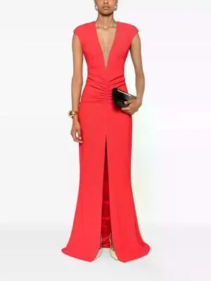 SILK LOVE & LACE Ruched-front Split Maxi Dress - Red