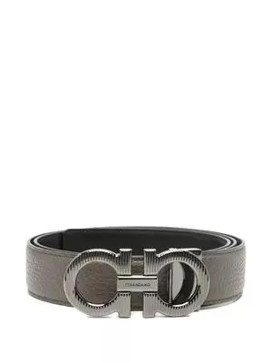 FERRAGAMO Gancini Buckle Leather Belt - Grey