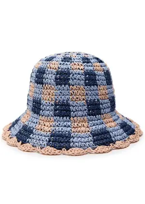 DAMSON MADDER Gingham Straw Crochet Bucket Hat - Navy