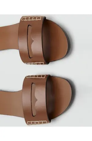 Mango Penny Strap Slide Sandal - Brown Leather