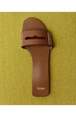 Mango Penny Strap Slide Sandal - Brown Leather