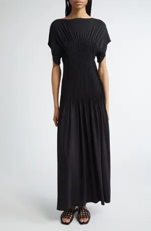 TOTEME Knife Pleated Cap Sleeve Jersey Maxi Dress