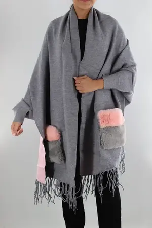 La Fiorentina Wrap With Faux Fur Pockets - Grey/pink