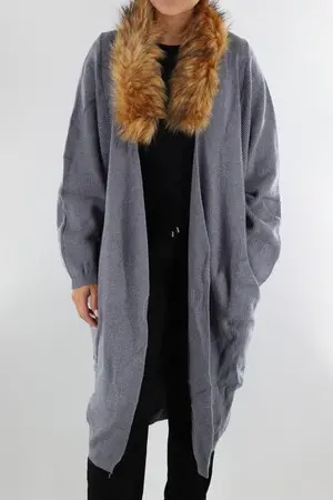 La Fiorentina Knit Cardigan With Faux Fur Collar - Grey