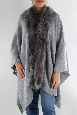 La Fiorentina Wrap With Faux Fur Trim - Grey