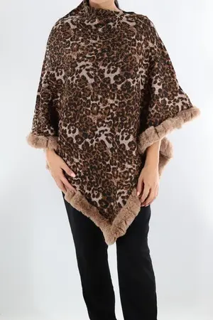 La Fiorentina Animal Print Poncho With Stones/faux Fur - Brown
