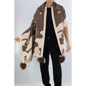 La Fiorentina Shell Print Wrap With Faux Poms - Brown/ivory