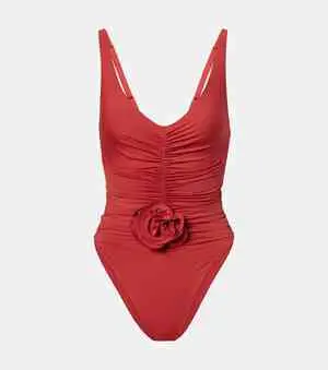 Magda Butrym Floral-appliqué Ruched Swimsuit - Red