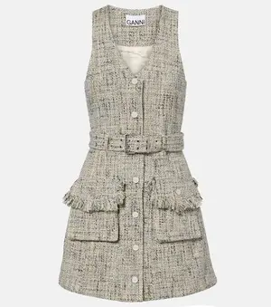 GANNI Belted Tweed Mini Dress - Grey