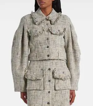 GANNI Cropped Cotton Tweed Jacket - Blue
