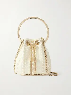JIMMY CHOO Jimmy Choo Bon Bon Micro Embellished Satin Bucket Bag Neutrals