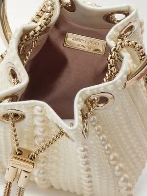 JIMMY CHOO Bon Bon Micro Embellished Satin Bucket Bag - Neutrals