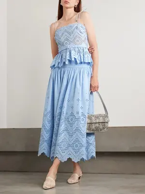 SELF-PORTRAIT Broderie Anglaise Cotton Midi Skirt - Blue