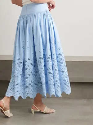 SELF-PORTRAIT Broderie Anglaise Cotton Midi Skirt - Blue
