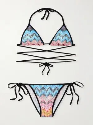 Missoni Mare Sequin-embellished Striped Crochet-knit Triangle Bikini - Blue