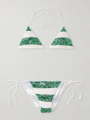 Oseree Lumière Striped Sequined Bikini - Green