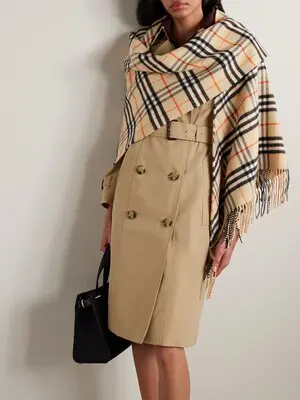 Burberry Fringed Checked Wool And Cashmere-blend Cape - Neutrals