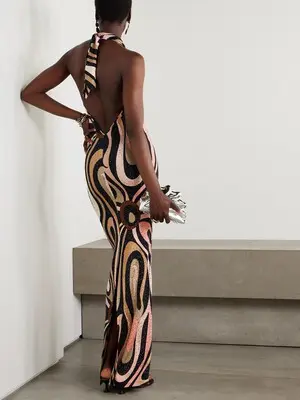 Emilio Pucci Marmo Crystal-embellished Printed Halterneck Maxi Dress