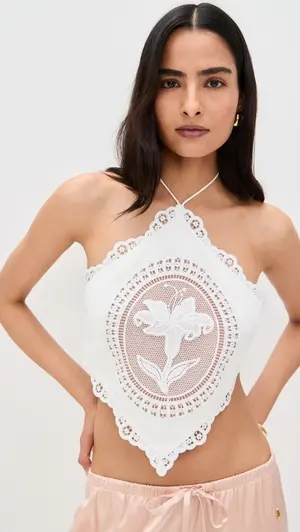 Retrofete Halter Neck Lace Trimmed Summer Top - Ivory
