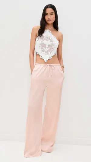 Retrofete Halter Neck Lace Trimmed Summer Top - Ivory