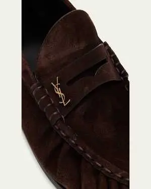 Saint Laurent Suede Cassandre Penny Loafers - Dark Chocolate
