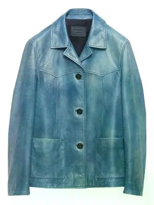 Prada Washed Leather Jacket With Notch Lapel And Patch Pockets - Blue