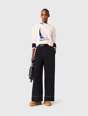 Maje Belted Cotton Canvas Trousers With Contrasting Topstitching - Navy