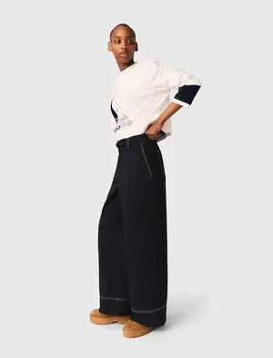 Maje Belted Cotton Canvas Trousers With Contrasting Topstitching - Navy