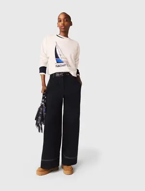 Maje Belted Cotton Canvas Trousers With Contrasting Topstitching - Navy