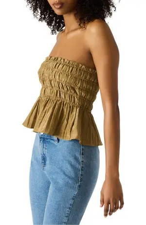 Steve Madden Cambria Strapless Smocked Peplum Top - Deep Olive