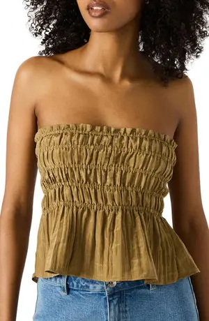Steve Madden Cambria Strapless Smocked Peplum Top - Deep Olive