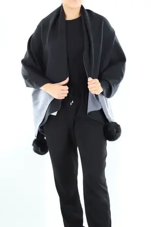 La Fiorentina Two Tone Scarf With Faux Fur Poms - Black