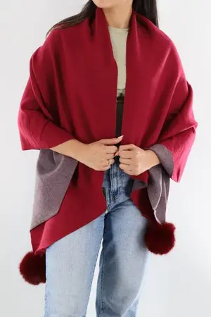 La Fiorentina Two Tone Scarf With Faux Fur Poms - Wine