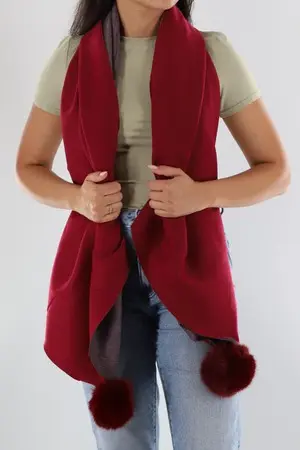 La Fiorentina Two Tone Scarf With Faux Fur Poms - Wine
