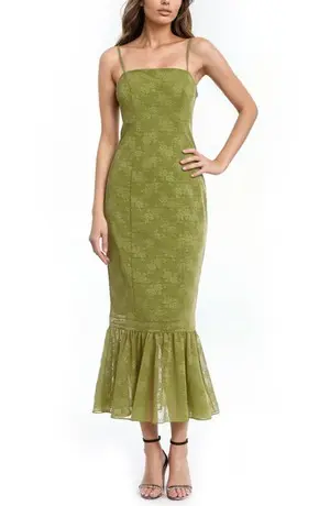 Badgley Mischka Floral Ruffle Hem Pencil Dress - Green