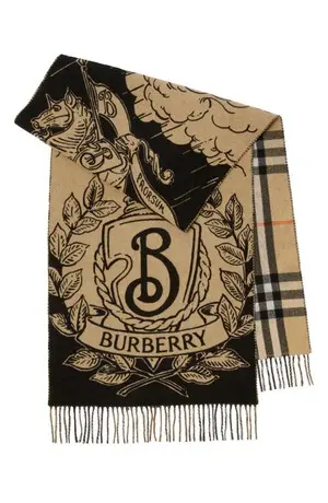 Burberry Reversible Stormy Knight & Check Cashmere Fringe Scarf - Sand