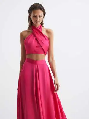 REISS Ruby Cropped Halter Top - Pink