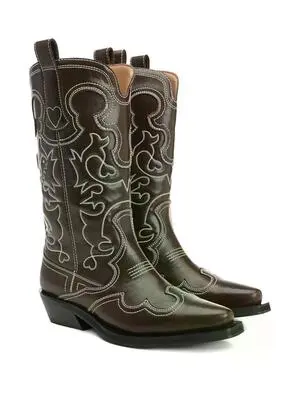 GANNI Leather Embroidered Boots - Brown