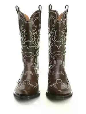 GANNI Leather Embroidered Boots - Brown
