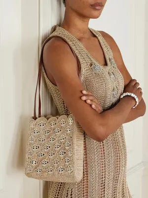 Rabanne Leather-trimmed Embellished Woven Raffia Shoulder Bag