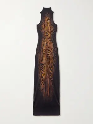JEAN PAUL GAULTIER Layered Draped Printed Stretch-tulle Turtleneck Maxi Dress - Brown
