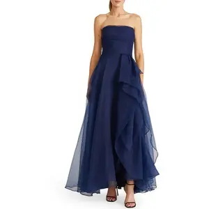 Theia Teresa Strapless Draped Gown - Navy