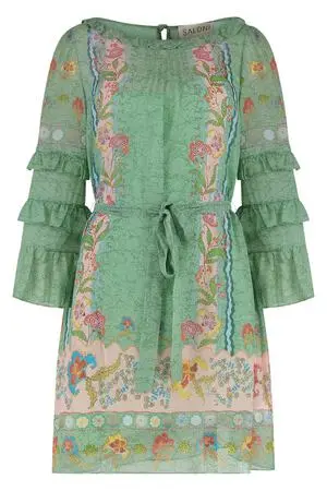Saloni Printed Silk Dress With Ruffles - Green