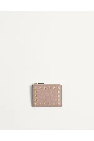 Valentino Garavani Rockstud Grainy Calfskin Cardholder With Zipper - Natural