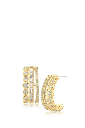 KENNETH JAY LANE Cubic Zirconia Bezel Set Triple Row Hoop Earrings - Gold