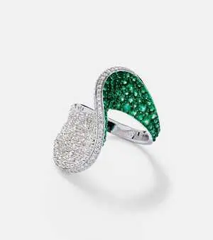 KAMYEN 18kt White Gold Ring With Diamonds And Emeralds - Silver