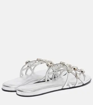 Attico Grid Embellished Leather Flat Sandals - Silver