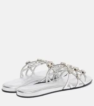Attico Grid Embellished Leather Flat Sandals - Silver