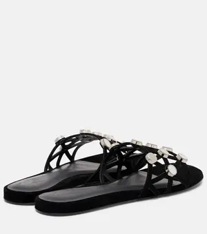 Attico Grid Embellished Suede Flat Sandals - Black